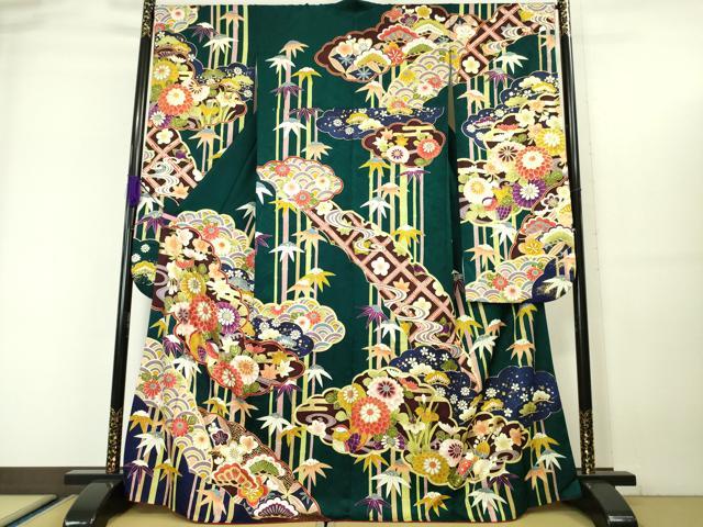 平和屋本店■極上　振袖　刺繍　笹竹　雲取り鴛鴦花文　金彩　逸品　DZAA5746kh5