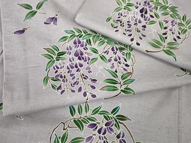 平和屋本店■極上　紬　型染　藤花房　白藤色地　逸品　DZAA5776kh5