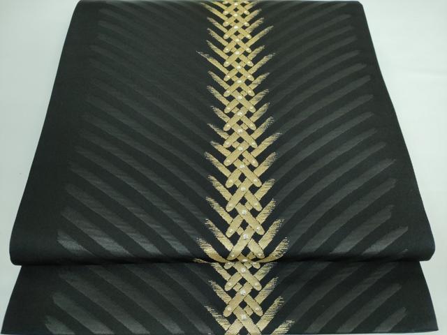 平和屋着物○西陣 六通柄 本袋帯 糸巻き桜花文 黒地 証紙付き