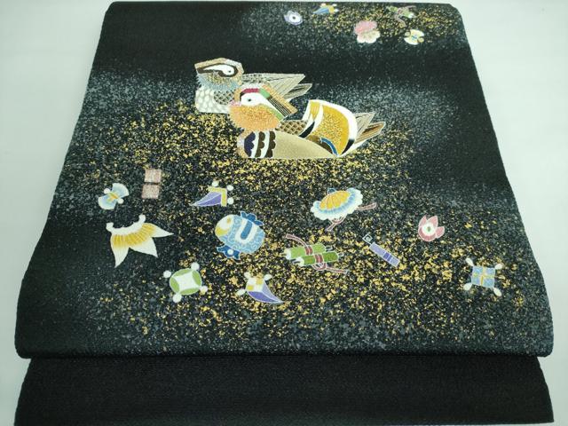 平和屋本店■極上　人間国宝・羽田登喜男　九寸開き名古屋帯　鴛鴦　宝尽くし　黒地　金銀彩　鬼しぼ縮緬　逸品　DZAA5834kh5