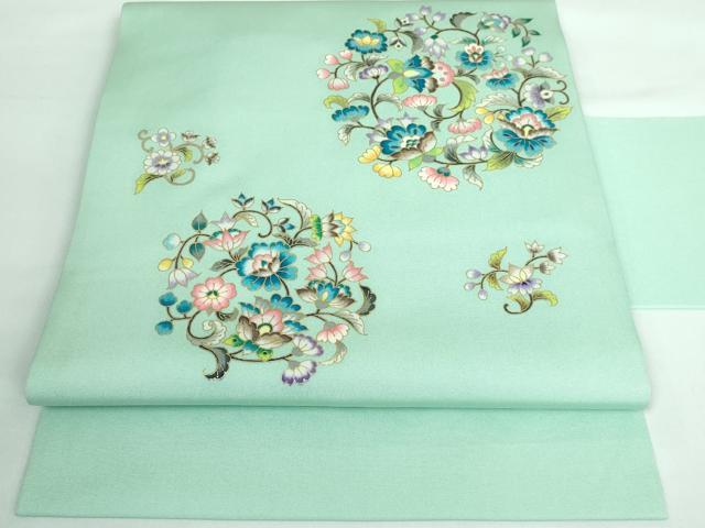 平和屋本店■極上　岡重謹製　塩瀬　九寸名古屋帯　更紗花丸文　金彩　スプレイグリーン色地　逸品　DZAA5838kh5