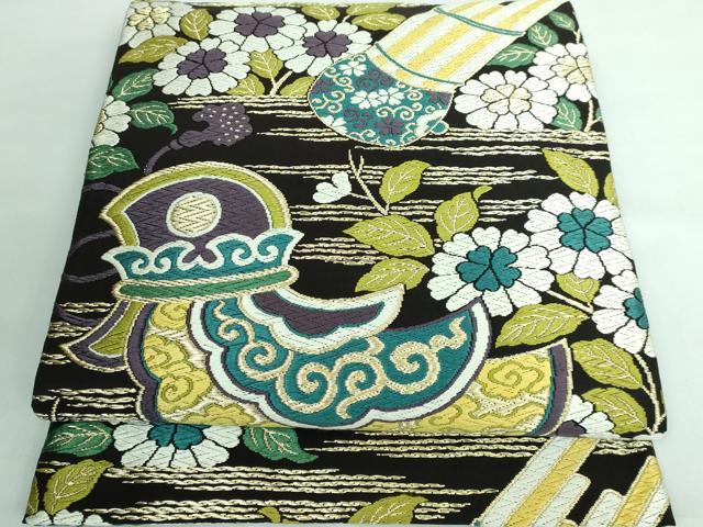 平和屋本店■極上　西陣　坂下織物謹製　六通柄袋帯　錦繍綴唐織　吉祥舞楽文　黒地　金糸　逸品　DZAA5846kh5