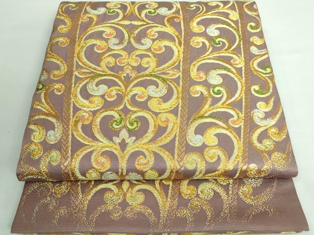 平和屋本店■極上　龍村美術織物　たつむら　太鼓柄　本袋帯　透彩唐草文　鴇浅葱色地　金糸　逸品　DZAA5884kh5