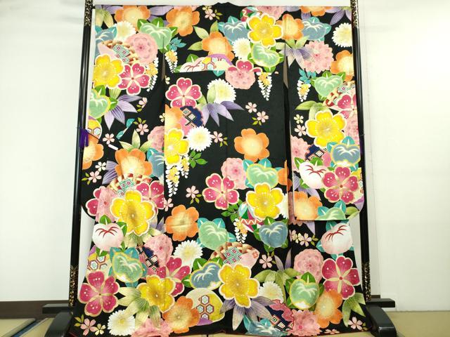 平和屋本店■極上　紫野美術工芸　振袖　吉祥花文　黒地　金彩　逸品　DZAA5945kh5