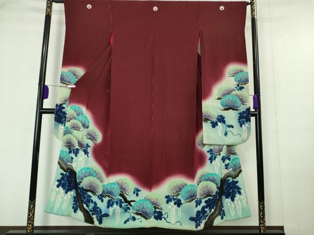 平和屋本店■極上　アンティーク　大正ロマン　振袖　刺繍　手描き　松藤に小鳥　暈し染め　金彩　逸品　DZAA5980kh5