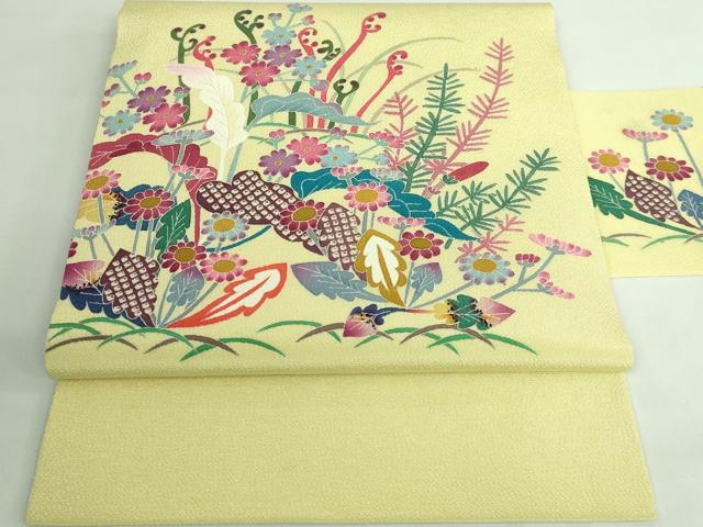 平和屋本店■極上　本加賀友禅作家　百貫華峰　九寸名古屋帯　草花文　淡黄色地　鬼しぼ縮緬　逸品　DZAA6057kh5