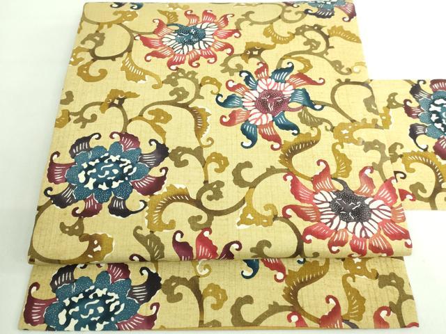 平和屋本店■極上　江戸紅型　九寸名古屋帯　紬地　花唐草　逸品　DZAA6058kh5