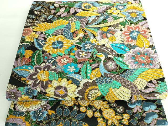 平和屋本店■極上　西陣　白綾苑大庭　六通柄袋帯　孔雀花文　黒地　金糸　逸品　DZAA6139kh5