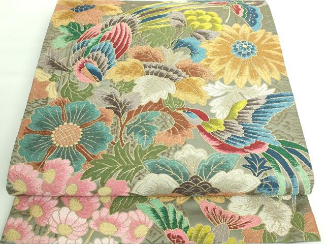 平和屋本店■極上　西陣　白綾苑大庭 　六通柄袋帯　舞蝶花鳥文　逸品　DZAA6257kh5