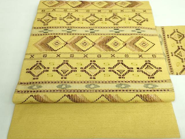 平和屋本店■極上　本場琉球　読谷山花織　紬地　九寸名古屋帯　芥子色地　逸品　DZAA6319kh5