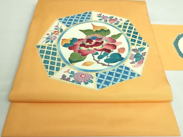 平和屋本店■極上　本加賀友禅作家　押田正義　塩瀬　九寸名古屋帯　花絵皿　萱草色地　逸品　DZAA6321kh5