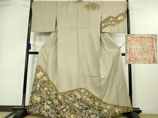 平和屋本店■極上　樋熊哲也　訪問着　辻が花　絞り　手描き　亜麻色地　暈し染め　金通し地　逸品　未使用　DZAA6380kh5