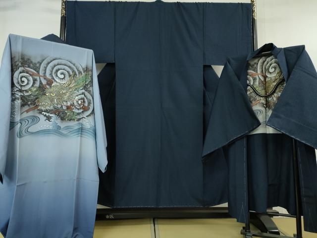 平和屋本店■極上　男性　紬　アンサンブル　キングサイズ　長羽織・長襦袢(袷)　3点セット　濃藍色　羽裏・龍　逸品　未使用　DZAA6414kh5