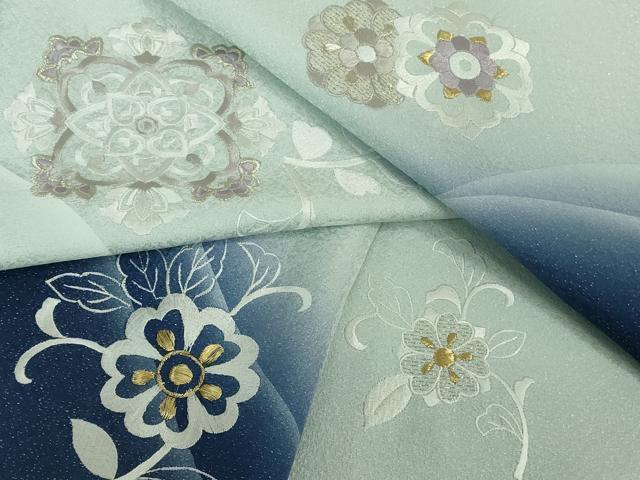 平和屋本店■極上　訪問着　刺繍　草花文　暈し染め　金銀糸　銀通し地　フロスティーブルー色地　逸品　未使用　DZAA6600kh5