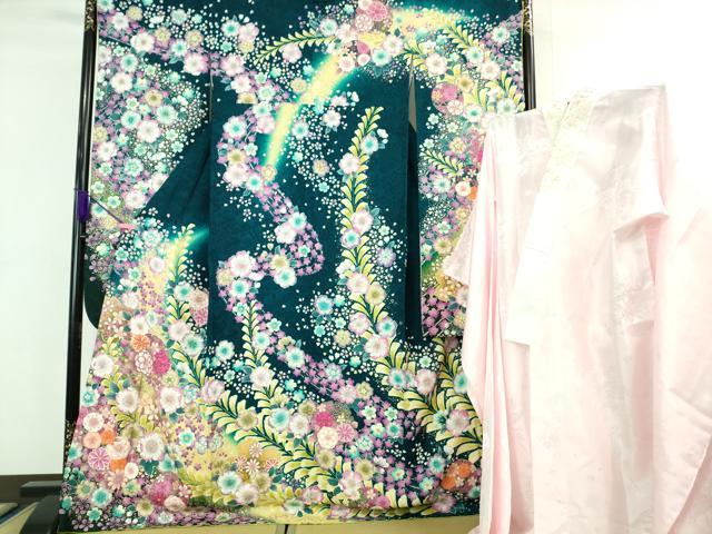 平和屋本店■極上　振袖・長襦袢(無双仕立て・半衿刺繍)セット　辻が花　暈し染め　金彩　銀通し地　逸品　DZAA6609kh5