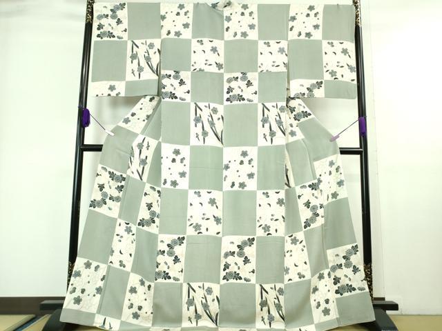 平和屋本店□極上 小紋 市松花文 千草色地 鬼しぼ縮緬 逸品