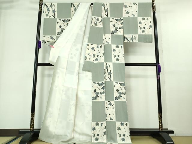 平和屋本店□極上 小紋 市松花文 千草色地 鬼しぼ縮緬 逸品