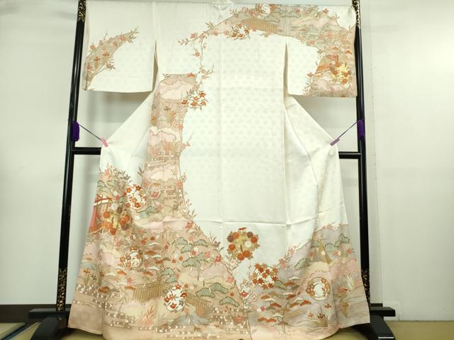 平和屋本店■極上　訪問着　単衣　駒刺繍　風景吉祥花文　象牙色地　金彩　ますいわ屋扱い　逸品　DZAA6676kh5