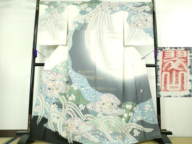 平和屋本店■極上　越後十日町の一流染匠　桐屋・翠山工房　訪問着　辻が花　暈し染め　金彩　銀通し地　逸品　DZAA6677kh5