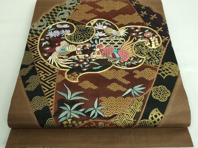 平和屋着物■極上　児島廣和　アトリエ 聖jin苑　太鼓柄袋帯　駒刺繍　紬地　花鳥文　金彩　黒茶色地　逸品　DZAA6703kh5
