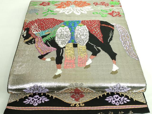 平和屋本店■極上　太鼓柄袋帯　龍村平蔵柄　駒装笠天　黒地　金銀糸　逸品　DZAA6721kh5