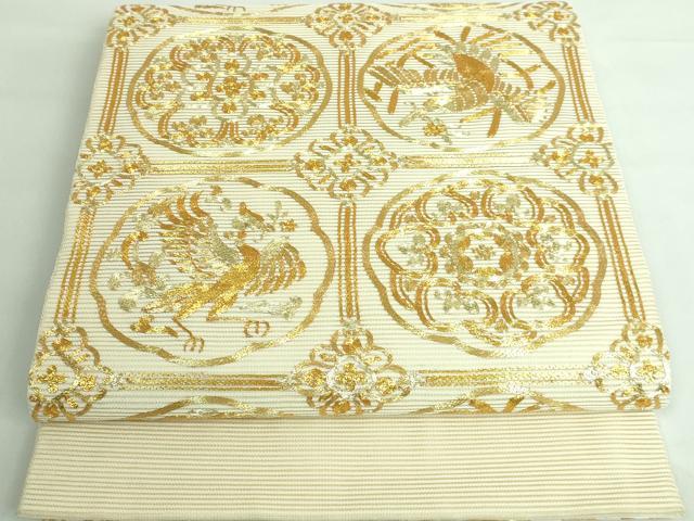 平和屋着物■極上　夏物　絽綴れ　太鼓柄袋帯　総駒刺繍　格天井花鳥文　金糸　逸品　DZAA6774kh5