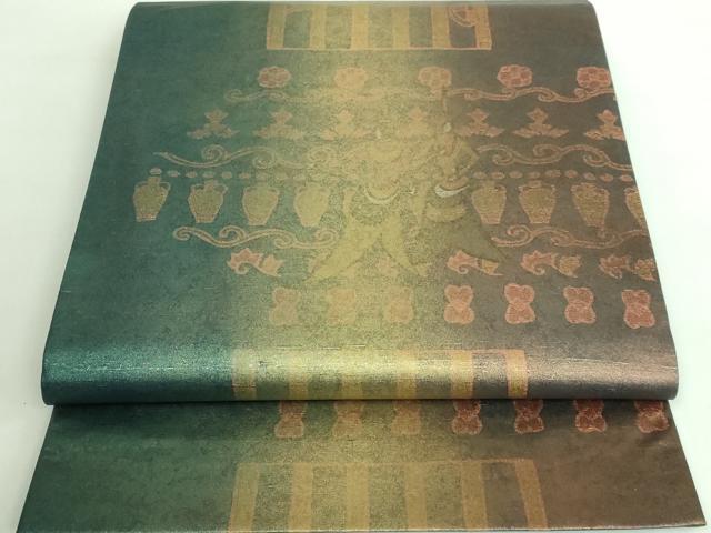 平和屋着物■極上　石川県指定無形文化財　牛首紬　白山工房　手織り　全通柄袋帯　人物花文　金彩　逸品　DZAA6784kh5