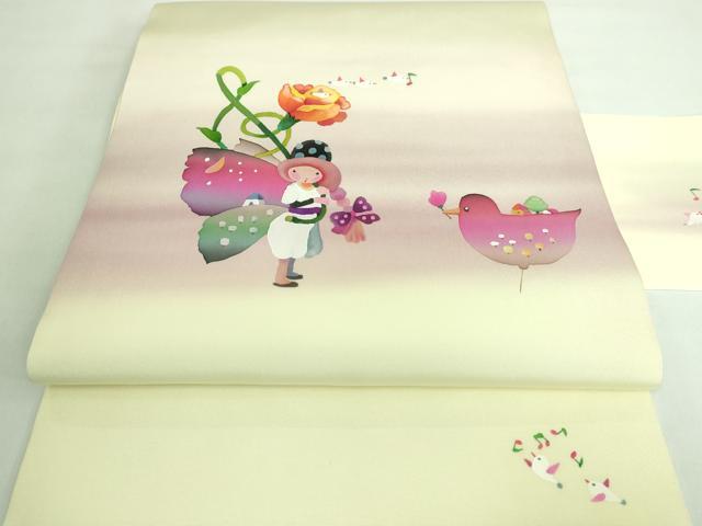 平和屋着物■極上　塩瀬　九寸名古屋帯　メルヘン　小鳥　淡黄色地　逸品　DZAA6794kh5