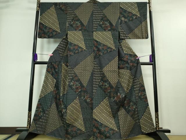 平和屋本店■極上　本場大島紬　刺し子　総刺繍　切嵌　名物裂花文　褐返色地　やまと誂製　逸品　未使用　DZAA6866kh5