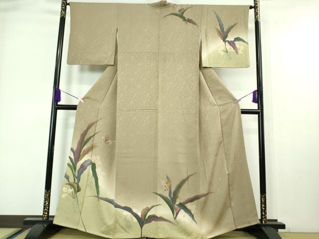 平和屋着物■極上　訪問着　作家物　舞蝶草花文　てんとう虫　空五倍子色地　暈し染め　金彩　逸品　DZAA6891kh5