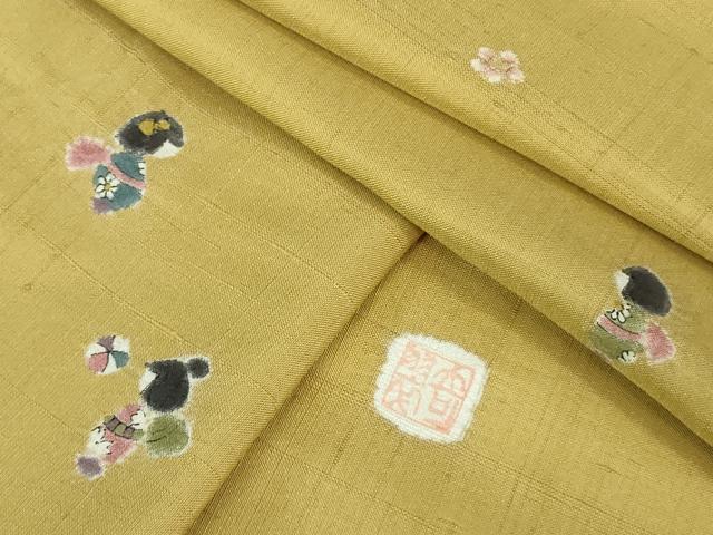 平和屋着物■極上　十日町 名門青柳謹製　赤城紬　草木染　訪問着　絞り　童子　芥子色地　逸品　DZAA6909kh5 平和屋着物□極上 十日町 名門青柳謹製 赤城紬 草木染 訪問着 絞り