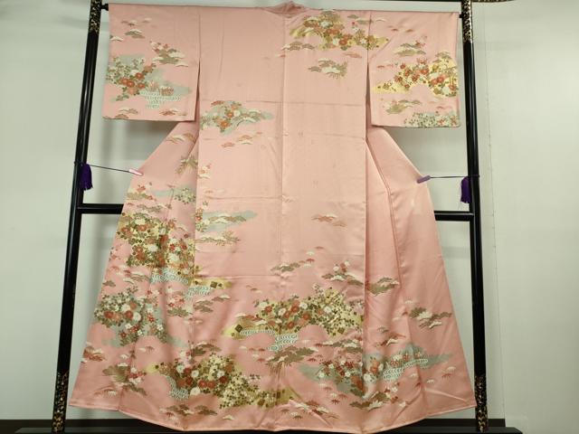 平和屋着物■極上　十日町老舗ブランド　吉澤友禅　吾妻徳穂　訪問着　駒刺繍　雲取り吉祥花文　珊瑚色地　金彩　逸品　DZAA6911kh5