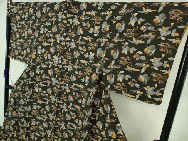 平和屋着物□極上 工芸小紋 型染 成り物 どんぐり 柿 椿 藍鉄