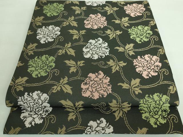 平和屋本店■極上　龍村美術織物　たつむら　六通柄　本袋帯　唐織　彩華牡丹文　黒緑色地　逸品　DZAA6950kh5