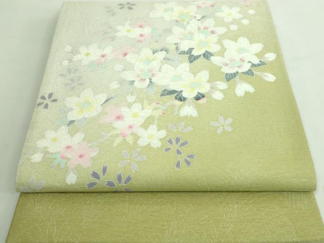 平和屋着物■極上　太鼓柄袋帯　友禅　作家物　枝花文　銀通し地　逸品　DZAA7034kh5