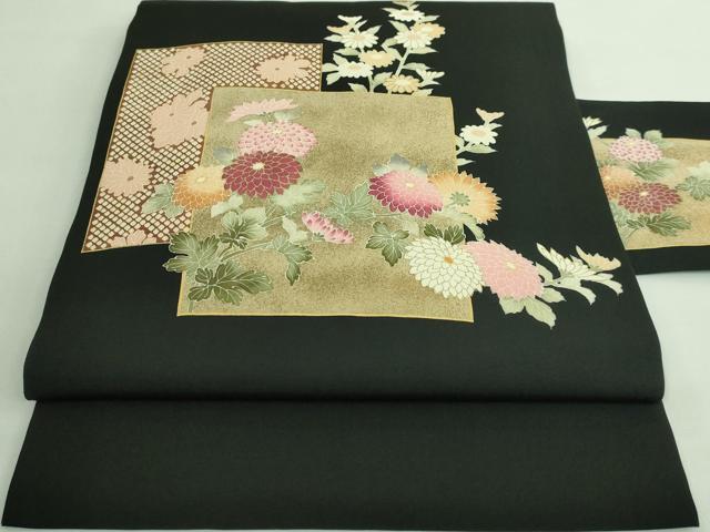 平和屋着物■極上　塩瀬　九寸名古屋帯　色紙花文　黒地　金彩　逸品　DZAA7040kh5