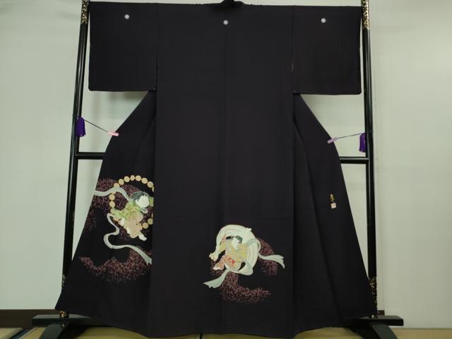 平和屋着物■極上　色留袖　作家物　慶宝　手描き　童子　風神雷神　紫黒色地　逸品　DZAA7061kh5