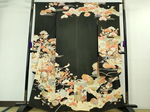 平和屋着物■極上　アンティーク　大正ロマン　振袖　駒刺繍　貝桶　貝合わせ　黒地　金彩　逸品　DZAA7081kh5