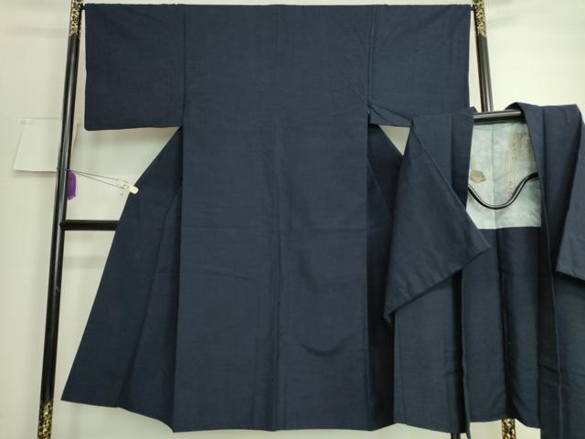 平和屋着物■極上　男性　紬　アンサンブル　色無地　濃紺地　逸品　DZAA7105kh5