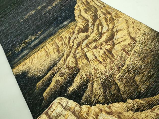 平和屋着物□極上 太鼓柄袋帯 グランドキャニオン 黒地 金彩 銀通し地