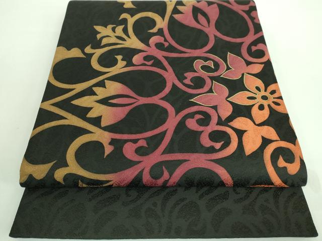 平和屋着物■極上　両面　太鼓柄袋帯　正倉院花文　葡萄蔦の葉文　黒地　金彩　逸品　DZAA7209kh5