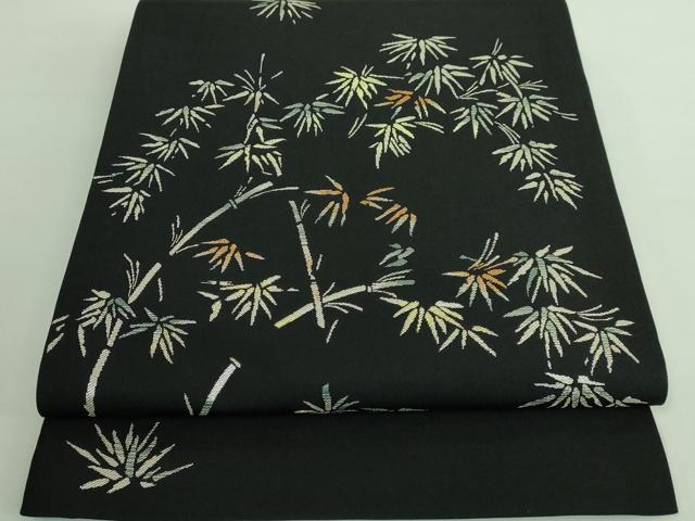 平和屋着物■極上　龍村晋謹製　全通柄袋帯　竹葉文錦　黒地　金銀糸　逸品　DZAA7225kh5