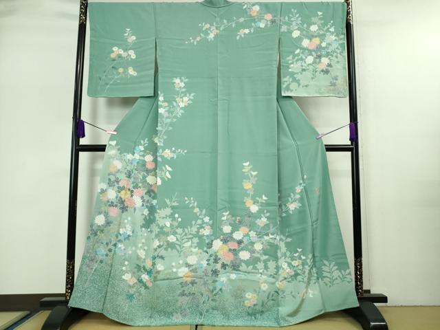 平和屋着物■極上　訪問着　友禅　作家物　芳翠　たたき染め　枝菊　青竹色地　逸品　DZAA7278kh5