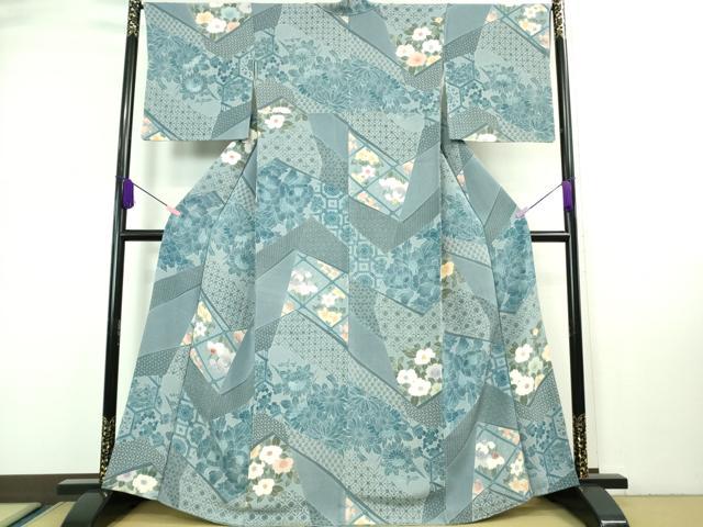 平和屋着物■極上　小紋　藍　切嵌花文　鬼しぼ縮緬　逸品　DZAA7322kh5