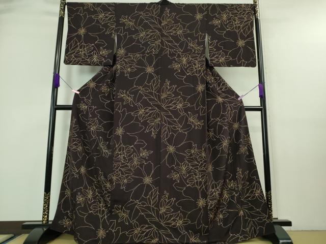 平和屋着物■極上　小紋　草花文　鳥羽色地　鬼しぼ縮緬　金彩　逸品　DZAA7325kh5