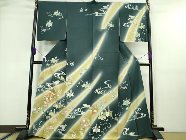 平和屋着物■極上　訪問着　駒刺繍　桐吉祥花文　鉄御納戸色地　暈し染め　金彩　逸品　DZAA7335kh5