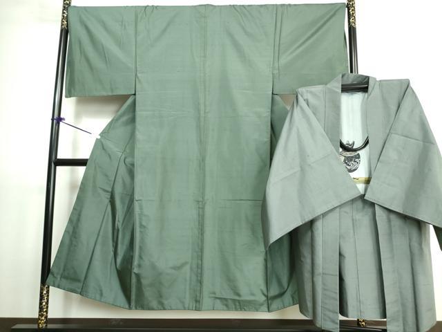 平和屋本店■極上　男性　お召　アンサンブル　キングサイズ　長羽織　着物・黒緑色　羽織・藍墨茶色　逸品　DZAA7416kh5