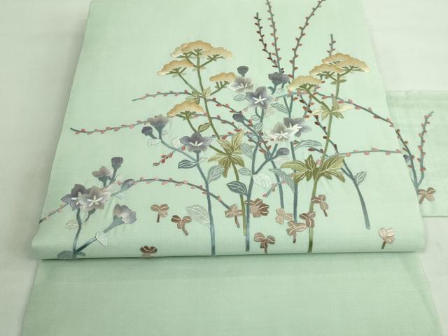 平和屋着物■極上　九寸名古屋帯　総刺繍　草花文　夏虫色地　逸品　DZAA7479kh5