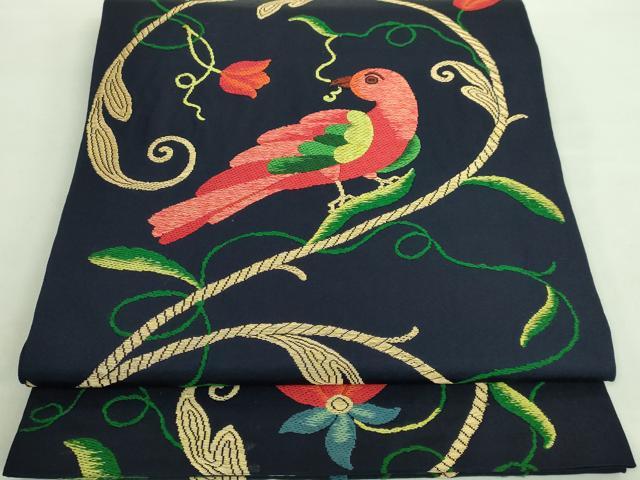 平和屋着物■極上　六通柄　本袋帯　花鳥文　金糸　濃藍色地　逸品　DZAA7522kh5