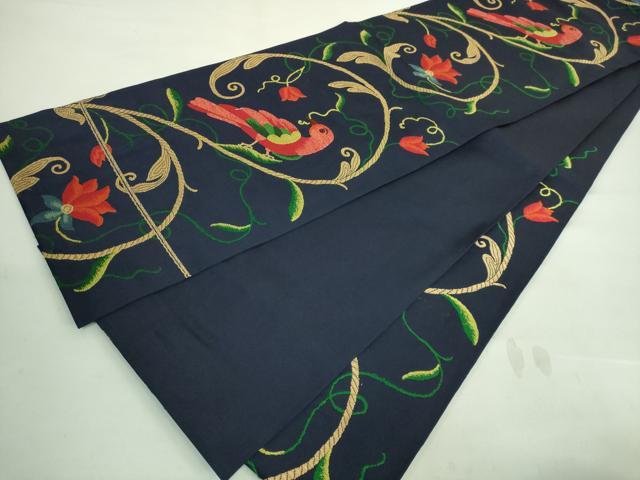平和屋着物□極上 六通柄 本袋帯 花鳥文 金糸 濃藍色